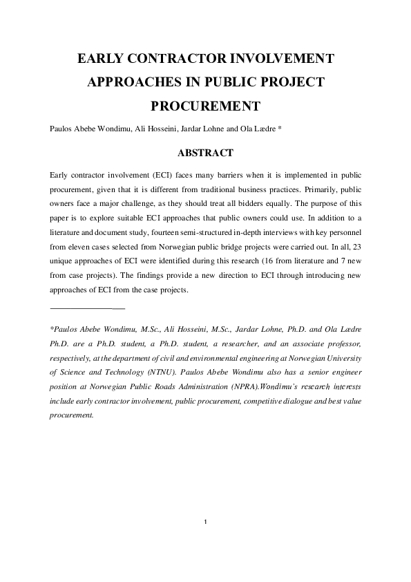 (PDF) Early contractor involvement approaches in public project procurement