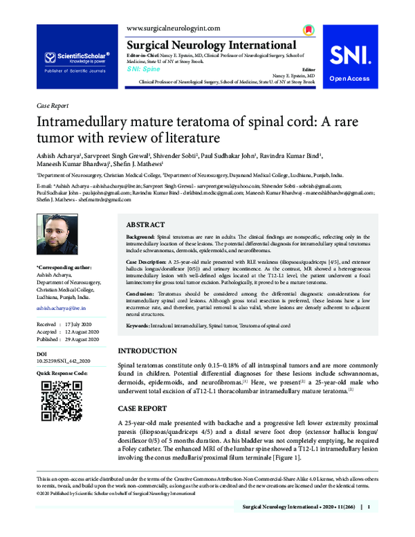 (PDF) Intramedullary mature teratoma of spinal cord: A rare tumor with ...