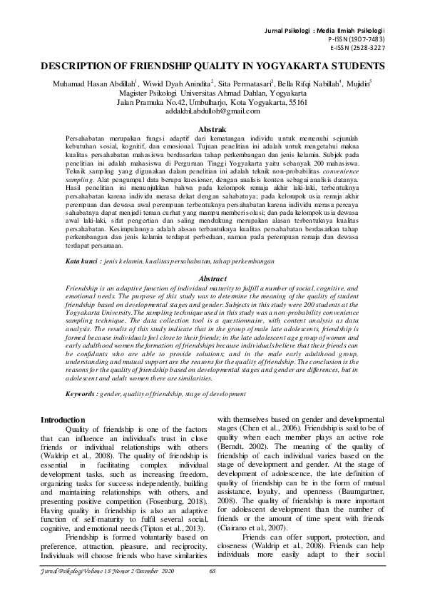 (PDF) Description of Friendship Quality in Yogyakarta Students