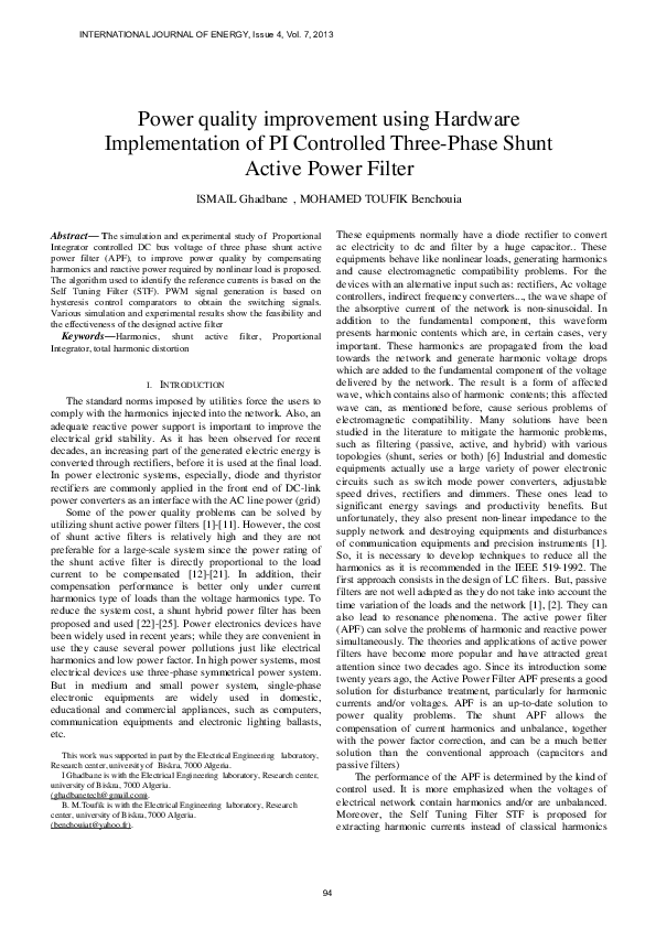 Pdf Power Quality Improvement Using Hardware Implementation Of Pi Controlled Three Phase Shunt