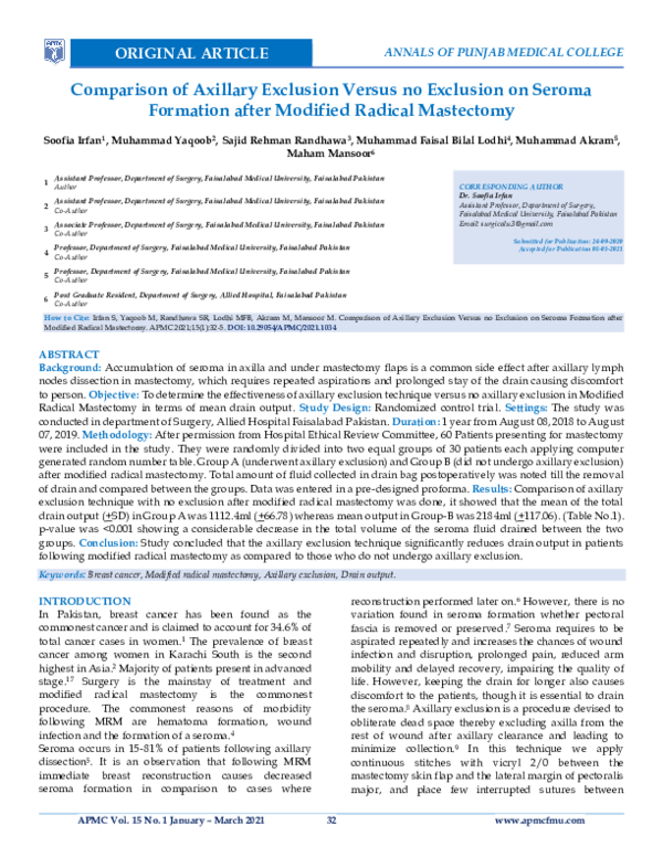 (PDF) Comparison of Axillary Exclusion Versus no Exclusion on Seroma ...