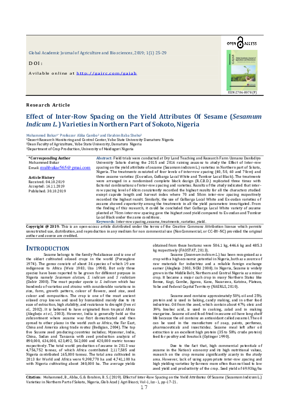 (PDF) Effect of Inter-Row Spacing on the Yield Attributes Of Sesame ...