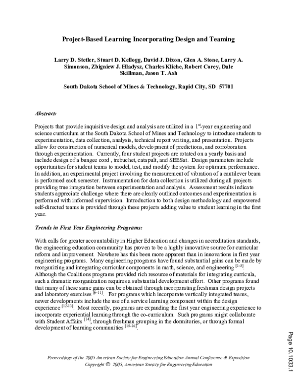 (PDF) Project Based Learning Incorporating Design And Teaming