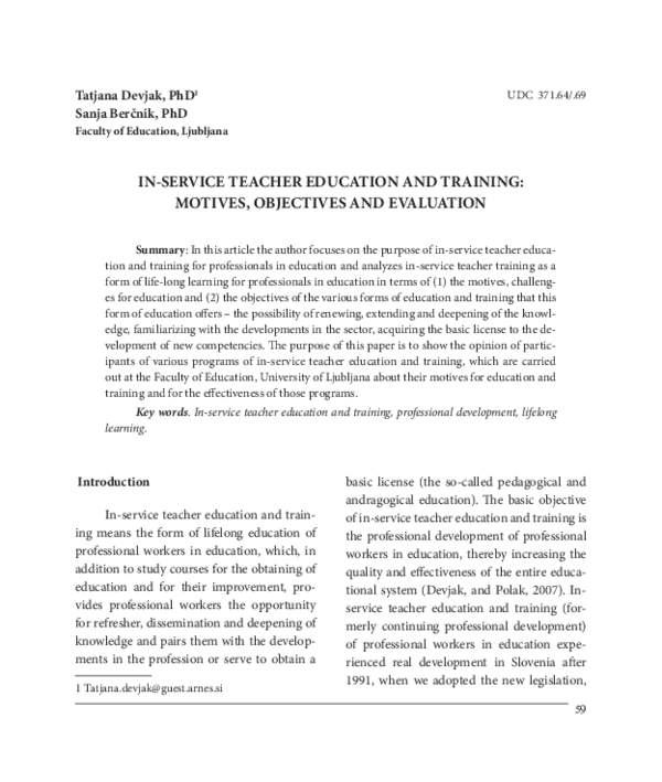 (PDF) In-service teacher education and training: motives, objectives ...