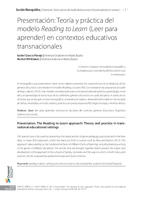 (PDF) Presentación: Teoría y práctica del modelo Reading to Learn (Leer ...
