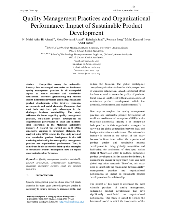 (PDF) Quality Management Practices and Organizational Performance: Impact of Sustainable Product ...