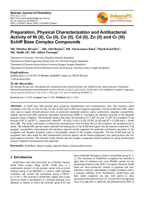 (PDF) Preparation, Physical Characterization and Antibacterial Activity of Ni (II), Cu (II), Co ...