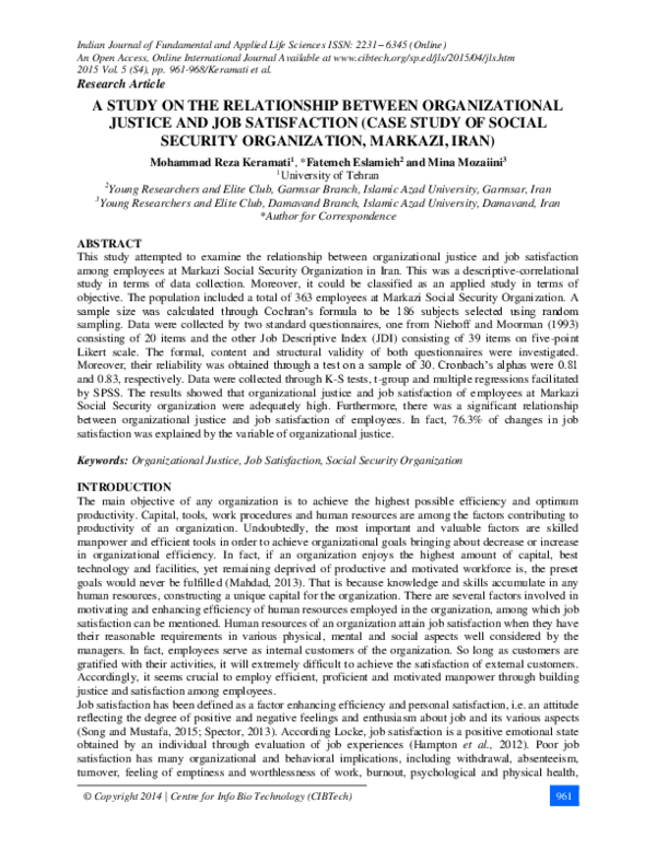 (PDF) A Study on the Relationship Between Organizational Justice and Job Satisfaction ( Case ...