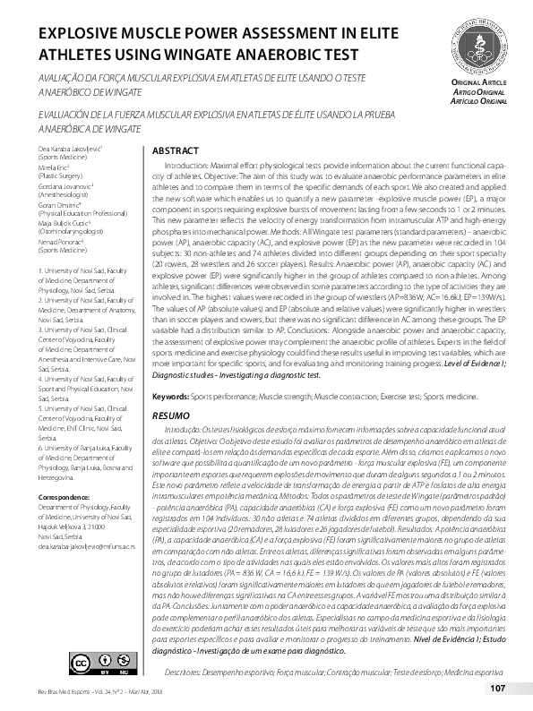(PDF) Explosive Muscle Power Assessment in Elite Athletes Using Wingate ...