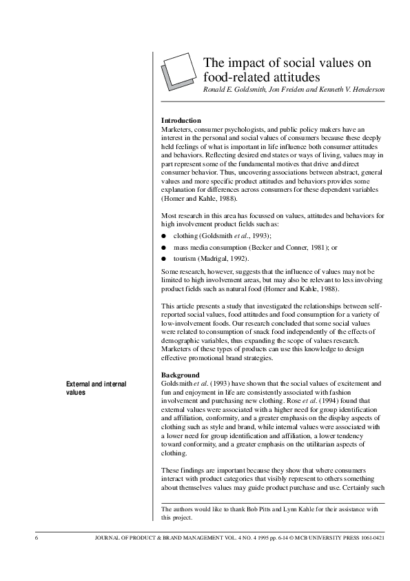 (PDF) The impact of social values on food‐related attitudes