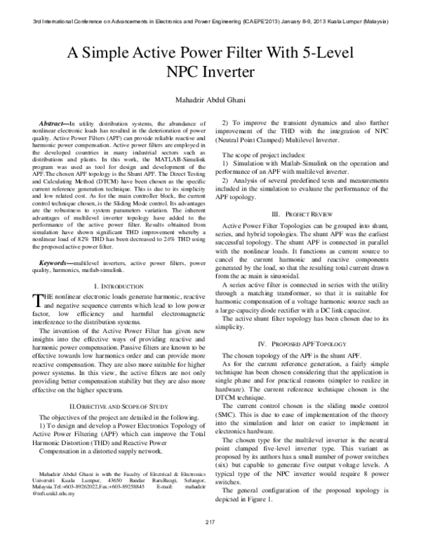 (PDF) A simple active power filter with 5-level NPC inverter | Mahadzir Abdul Ghani - Academia.edu