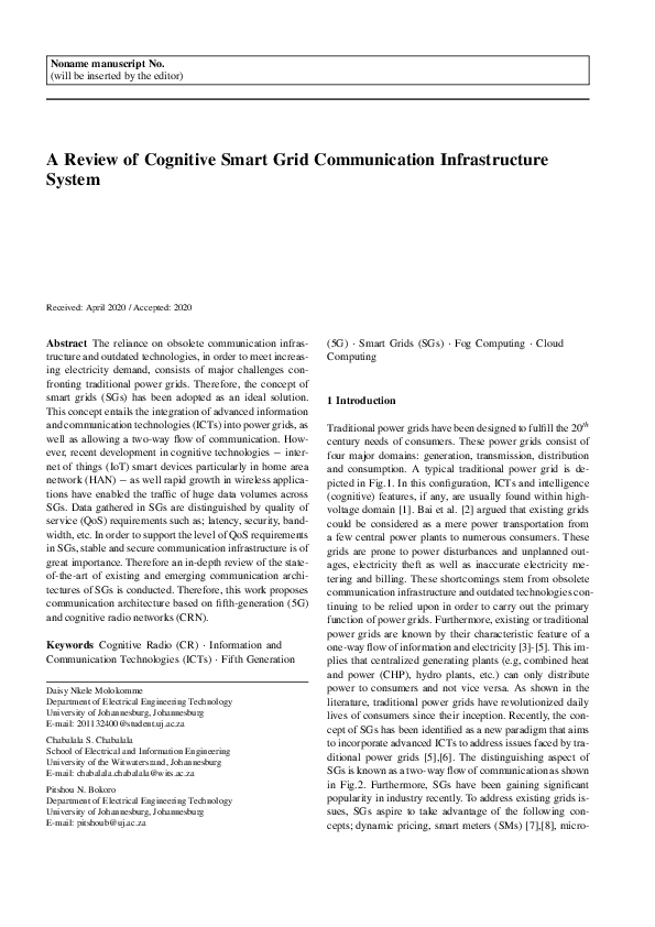 Pdf A Review Of Cognitive Smart Grid Communication Infrastructure System