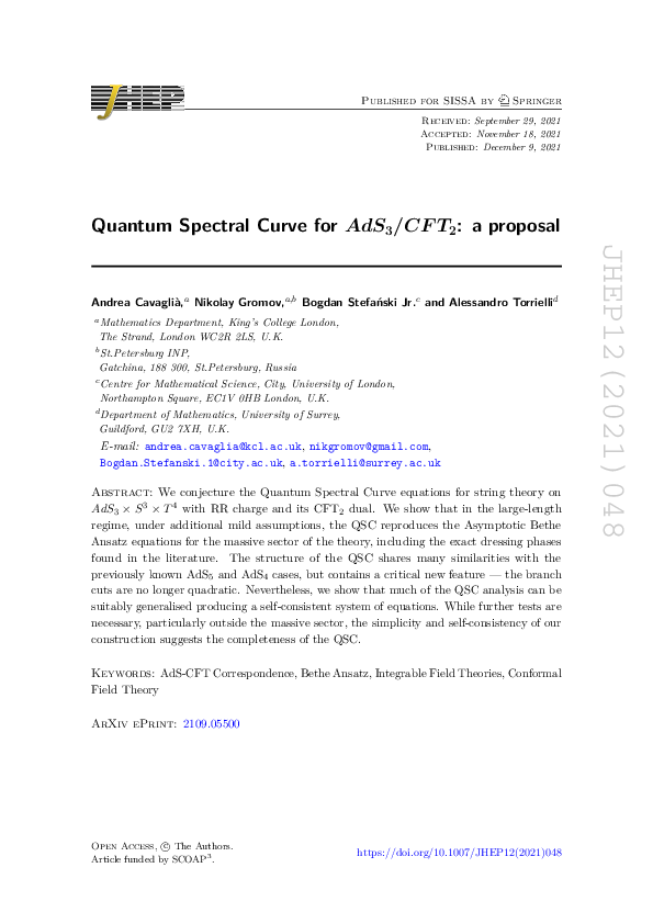 (PDF) Quantum Spectral Curve for AdS3/CFT2: a proposal | Nikolay Gromov - Academia.edu