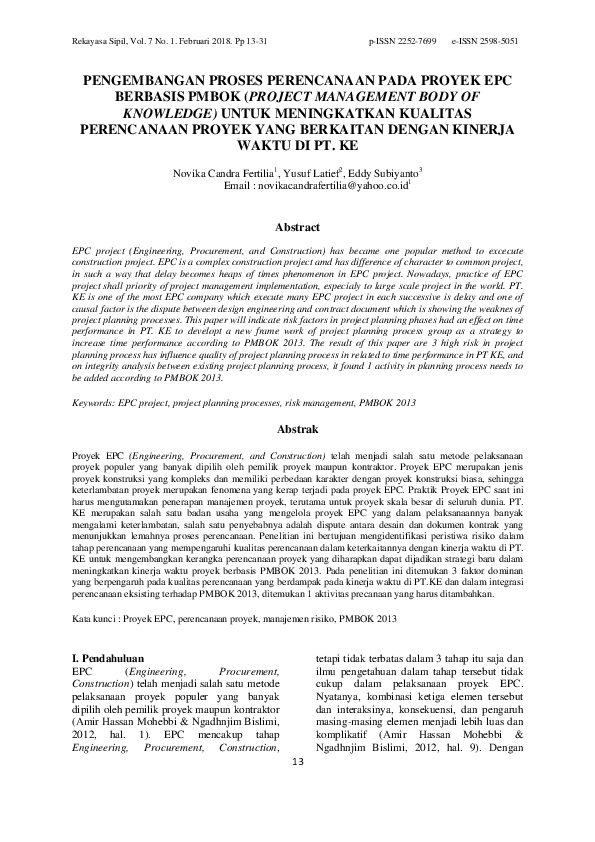 (PDF) Pengembangan Proses Perencanaan Pada Proyek Epc Berbasis Pmbok Untuk Meningkatkan Kualitas ...