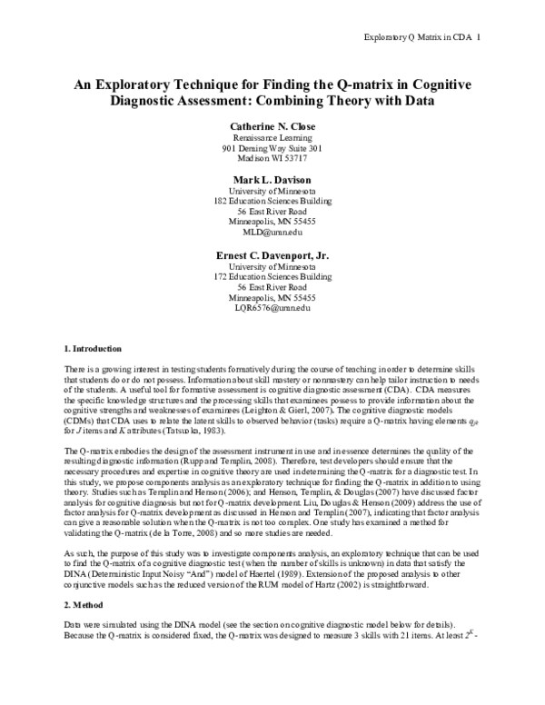 Pdf An Exploratory Technique For Finding The Q Matrix In Cognitive Diagnostic Assessment