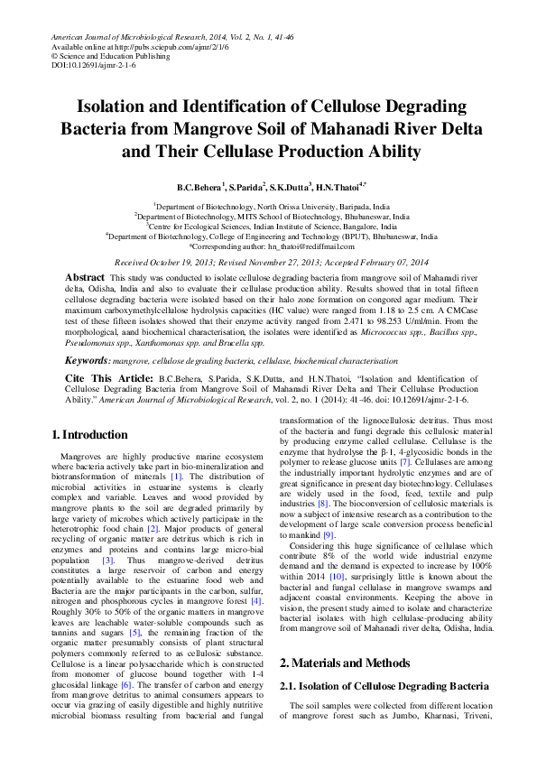 (PDF) Isolation and Identification of Cellulose Degrading Bacteria from Mangrove Soil of ...