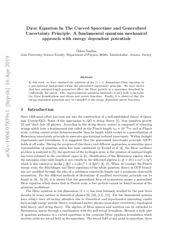 (PDF) Dirac equation in the curved spacetime and generalized uncertainty principle: A ...
