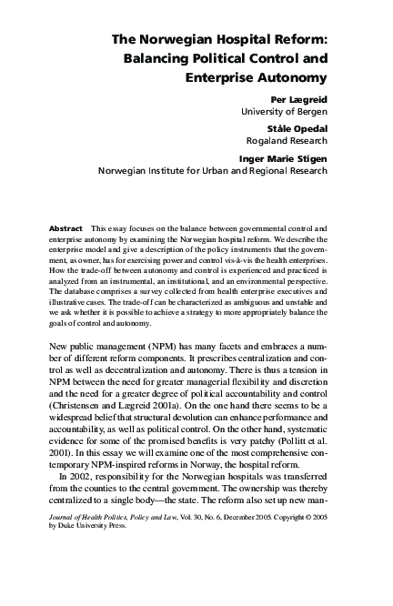 (PDF) The Norwegian Hospital Reform: Balancing Political Control and ...