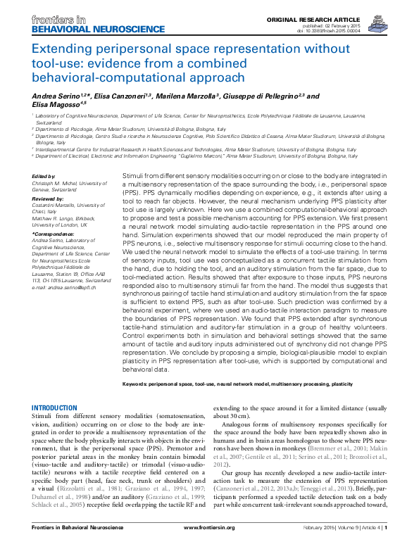 (PDF) Extending peripersonal space representation without tool-use ...