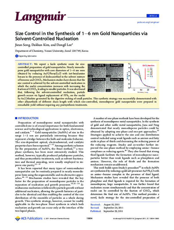 (PDF) Size Control in the Synthesis of 1–6 nm Gold Nanoparticles via Solvent-Controlled Nucleation