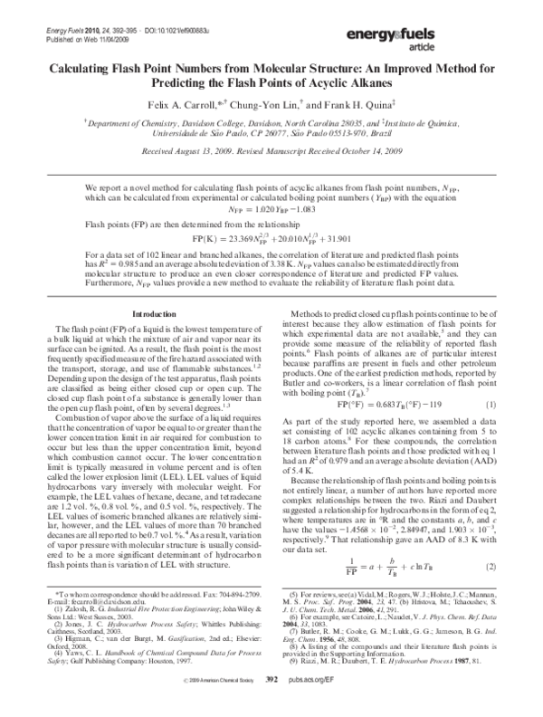 (PDF) Calculating Flash Point Numbers from Molecular Structure: An Improved Method for ...