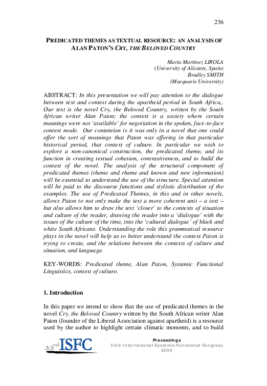 (PDF) Predicated Themes as Textual Resource: An Analysis of Alan Paton ...