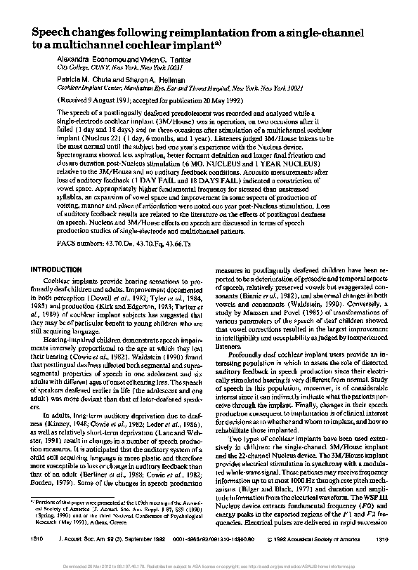 (PDF) Speech changes following reimplantation from a single-channel to ...