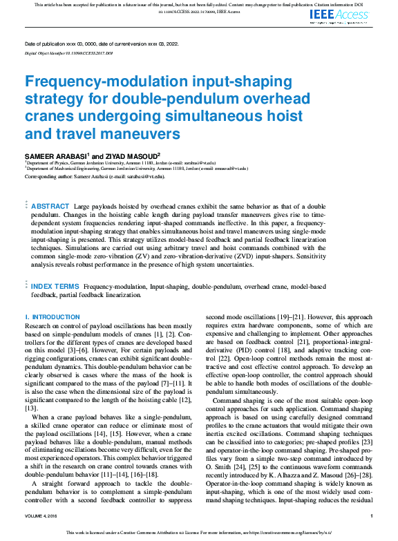 (PDF) Frequency-modulation input-shaping strategy for double-pendulum overhead cranes undergoing ...