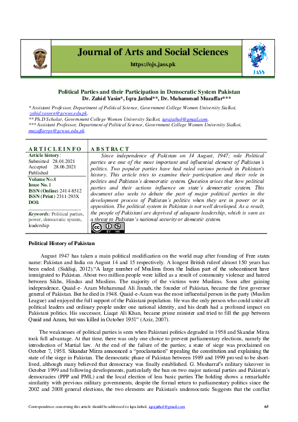 (PDF) The Popular Political Parties and their Participation in Pakistan ...
