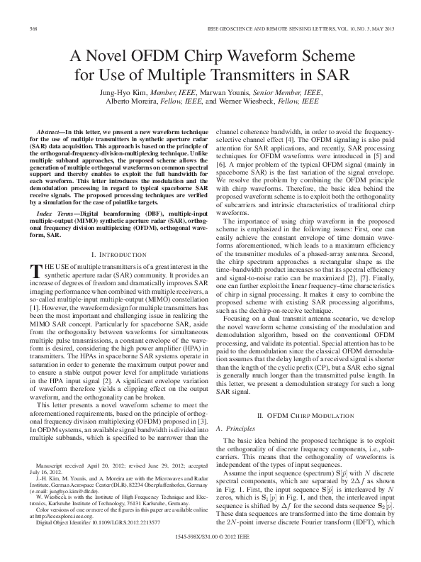 Pdf A Novel Ofdm Chirp Waveform Scheme For Use Of Multiple Transmitters In Sar