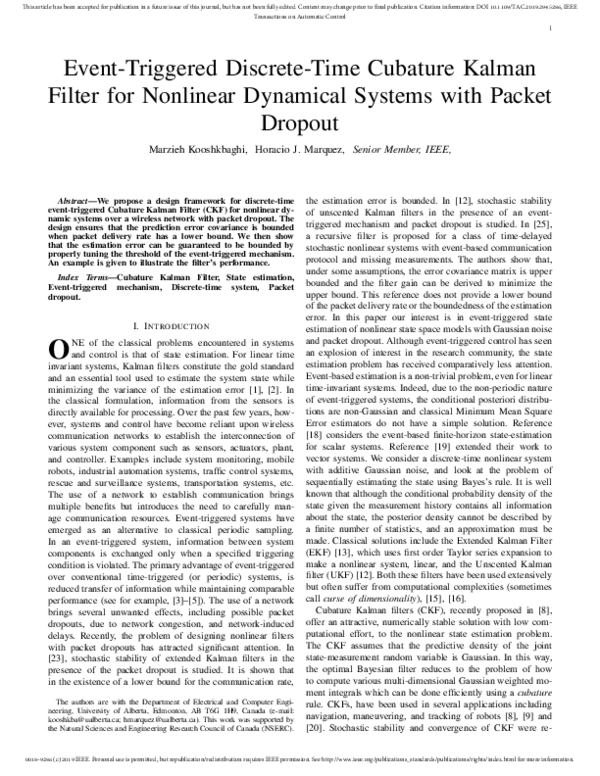 Pdf Event Triggered Ckf For Nonlinear Systems With Packet Loss