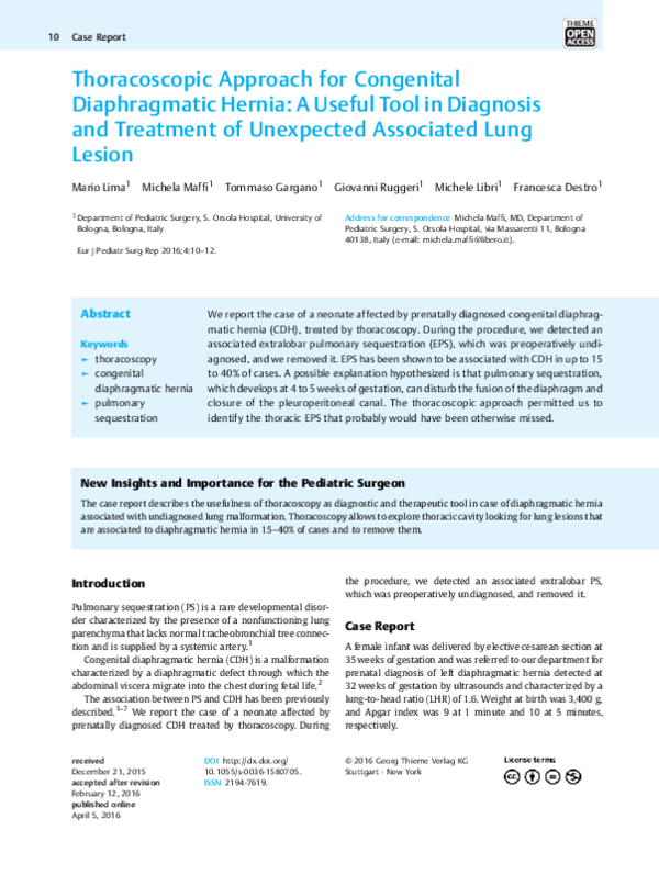 (PDF) Thoracoscopic Approach for Congenital Diaphragmatic Hernia: A ...