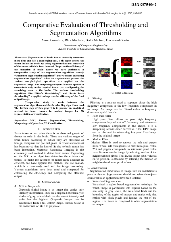 Pdf Comparative Evaluation Of Thresholding And Segmentation Algorithms