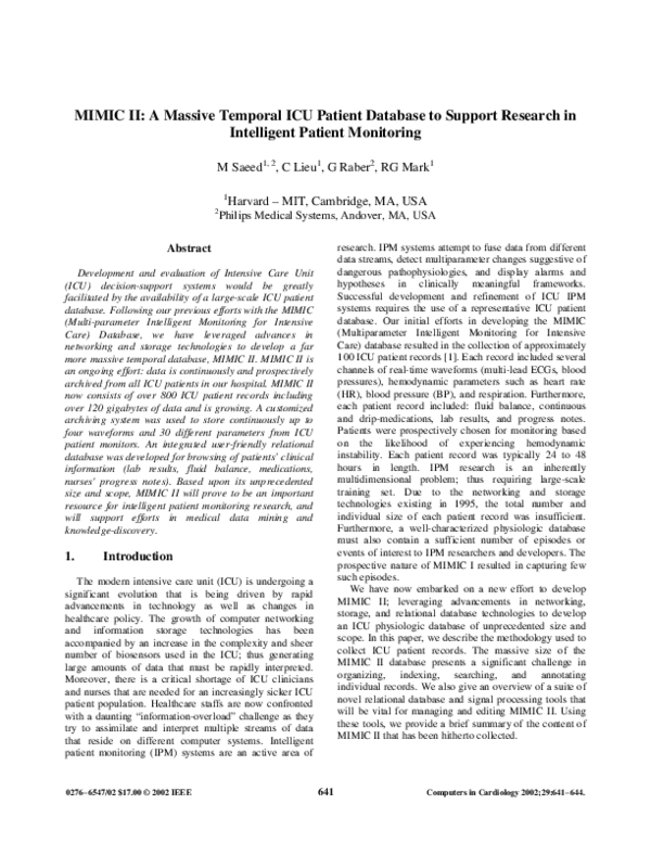 (PDF) MIMIC II: a massive temporal ICU patient database to support research in intelligent ...