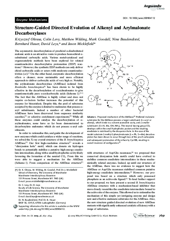 (PDF) Structure-Guided Directed Evolution of Alkenyl and Arylmalonate Decarboxylases