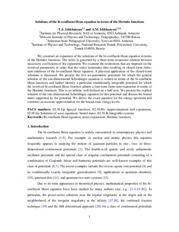 (PDF) Solutions of the bi-confluent Heun equation in terms of the Hermite functions