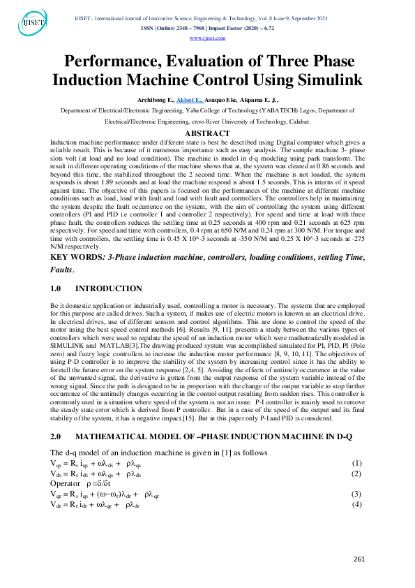 Pdf Performance Evaluation Of Three Phase Induction Machine Control Using Simulink