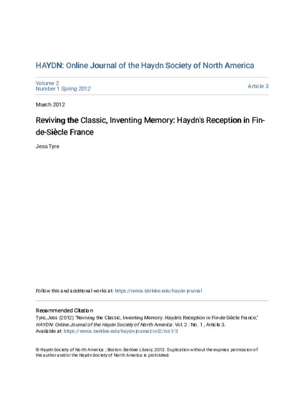 (PDF) Reviving the Classic, Inventing Memory: Haydn\u27s Reception in ...