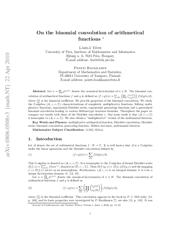 Pdf On The Binomial Convolution Of Arithmetical Functions