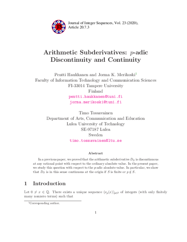 (PDF) Arithmetic Subderivatives : p-adic Discontinuity and Continuity