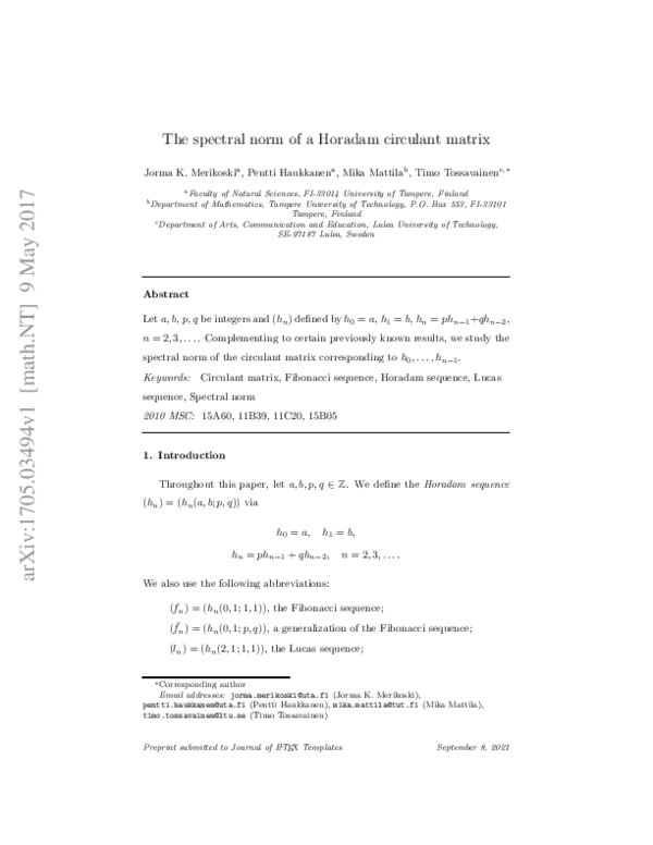 Pdf The Spectral Norm Of A Horadam Circulant Matrix