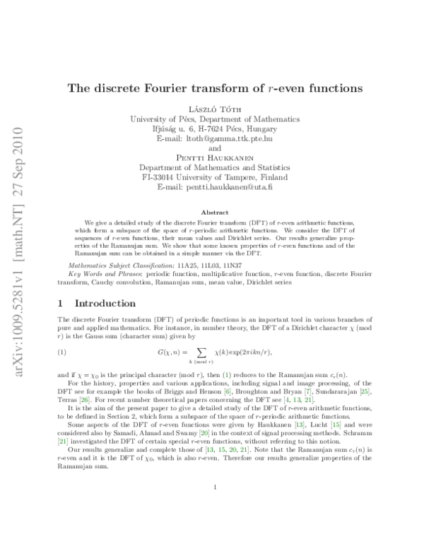 (PDF) The discrete Fourier transform of r-even functions | Pentti Haukkanen - Academia.edu