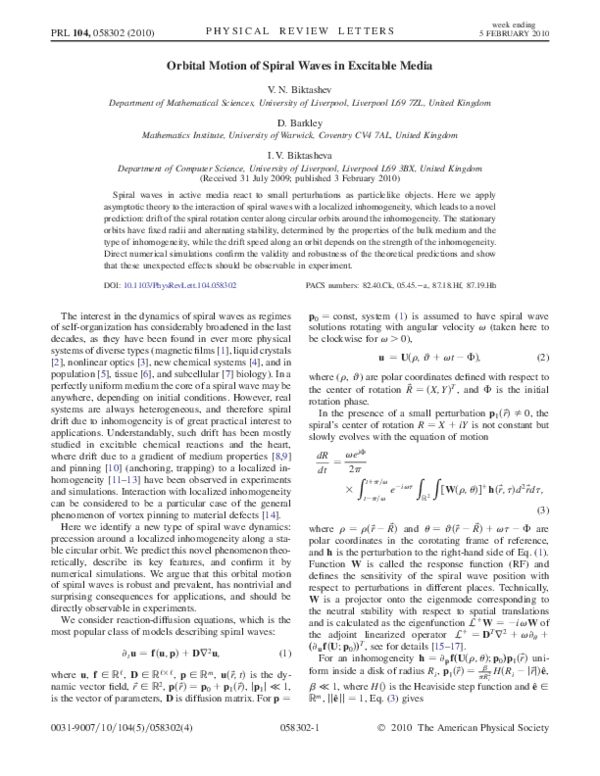 (PDF) Orbital Motion of Spiral Waves in Excitable Media