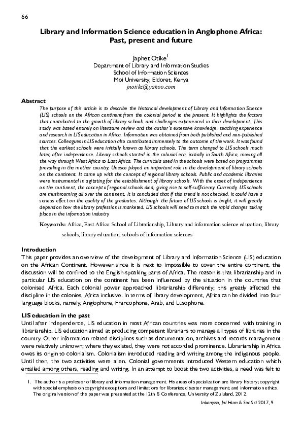(PDF) Library and Information Science education in Anglophone Africa ...