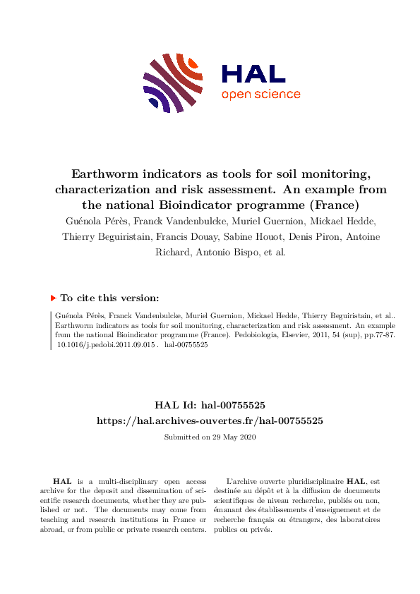 (PDF) Earthworm indicators as tools for soil monitoring ...