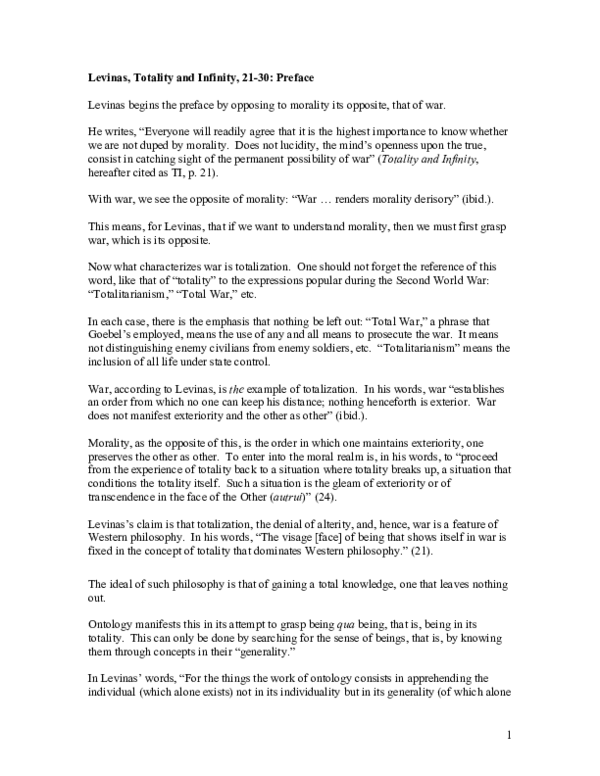 (DOC) Lectures on Levinas' Totality and Infinity