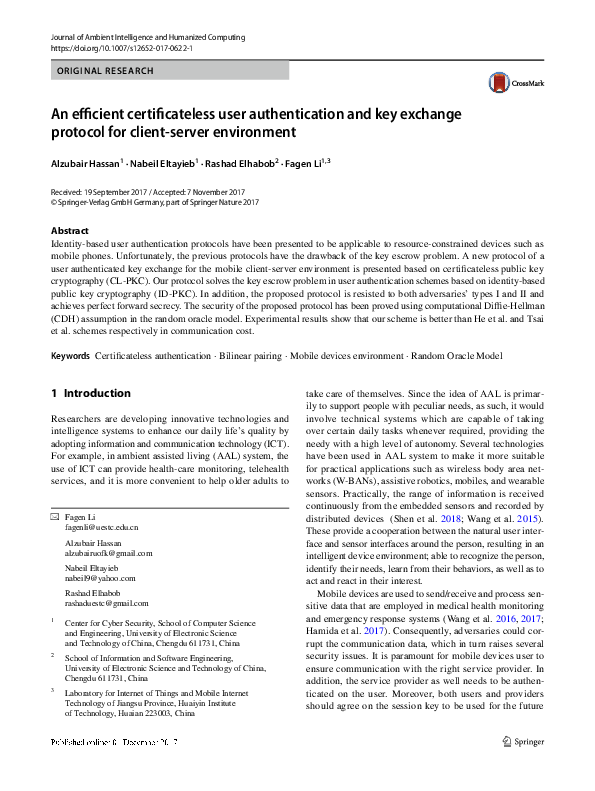 (PDF) An efficient certificateless user authentication and key exchange protocol for client ...