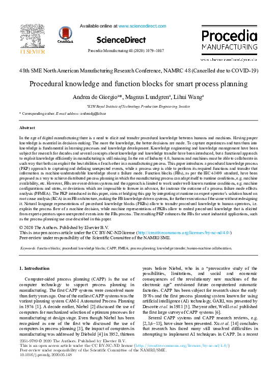 (PDF) Procedural knowledge and function blocks for smart process planning