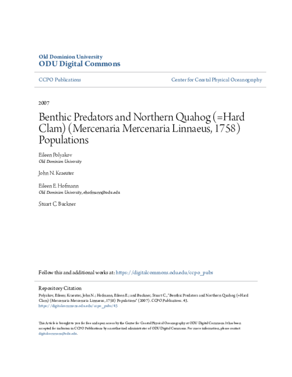 (PDF) Benthic Predators and Northern Quahog (=Hard Clam) (Mercenaria ...