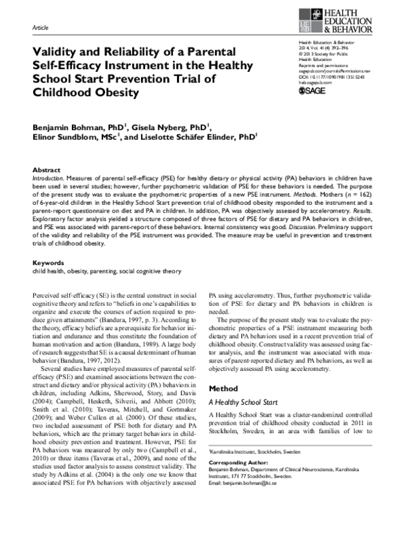 (PDF) Validity and Reliability of a Parental Self-Efficacy Instrument in the Healthy School ...